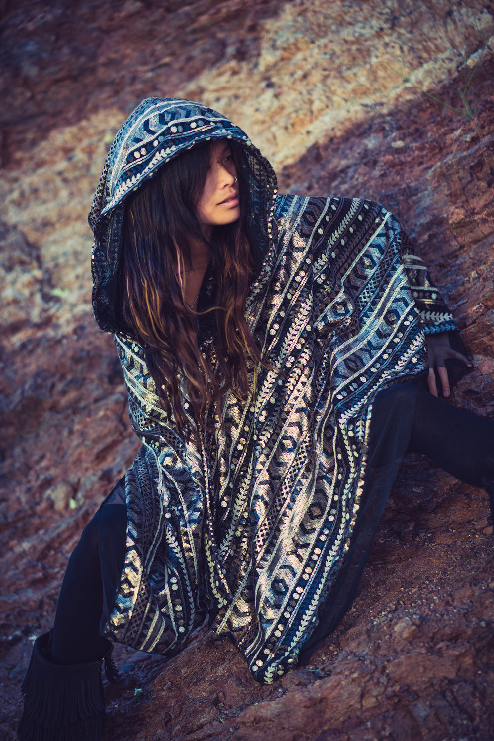 LED Tribal Shaman Cape (Black/Champagne) | Tribal Festival Clothing